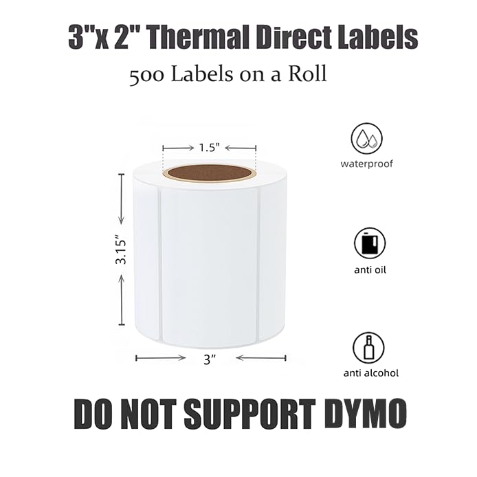 Hybsk 3x2 inch Direct Thermal Labels for Barcodes, Address, Compatible with Rollo Label Printer & Zebra Desktop Printers (3"x2",White)