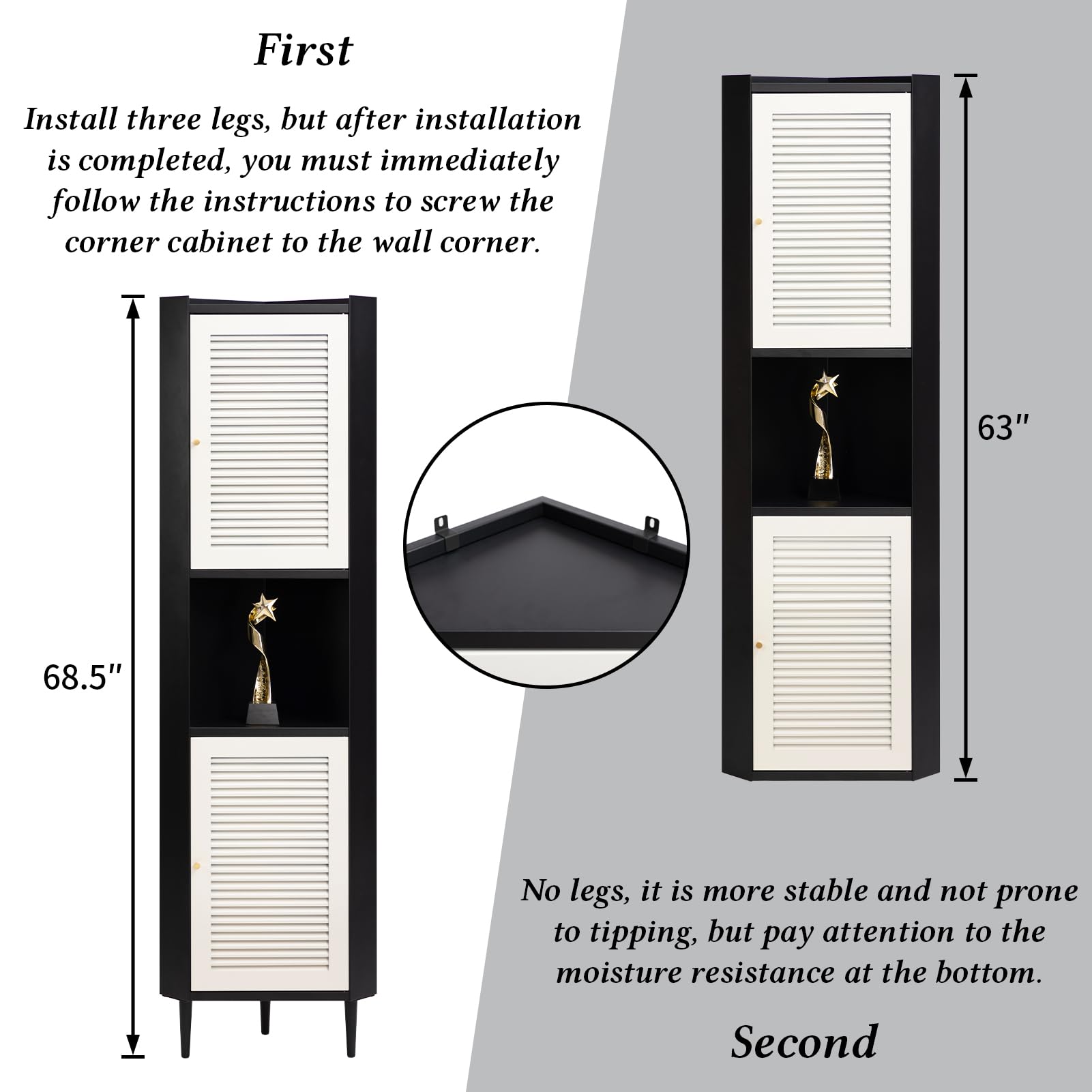 HollyHOME 68.5" Tall Corner Metal Storage Cabinet, Narrow Linen Tower Cabinet with Shelf and Shutter Door, Freestanding Floor Slim Organizer Cupboard for Living Room, Kitchen Pantry, Black&White