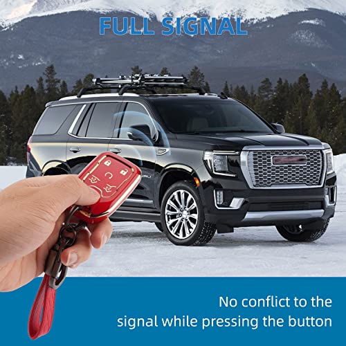Jimtyee for GMC Key Fob Cover with Leather Lanyard Keychain Key Fob Case Shell Protection for Chevy Silverado Tahoe Suburban GMC Sierra Yukon Smart Remote Key Protector(Red)