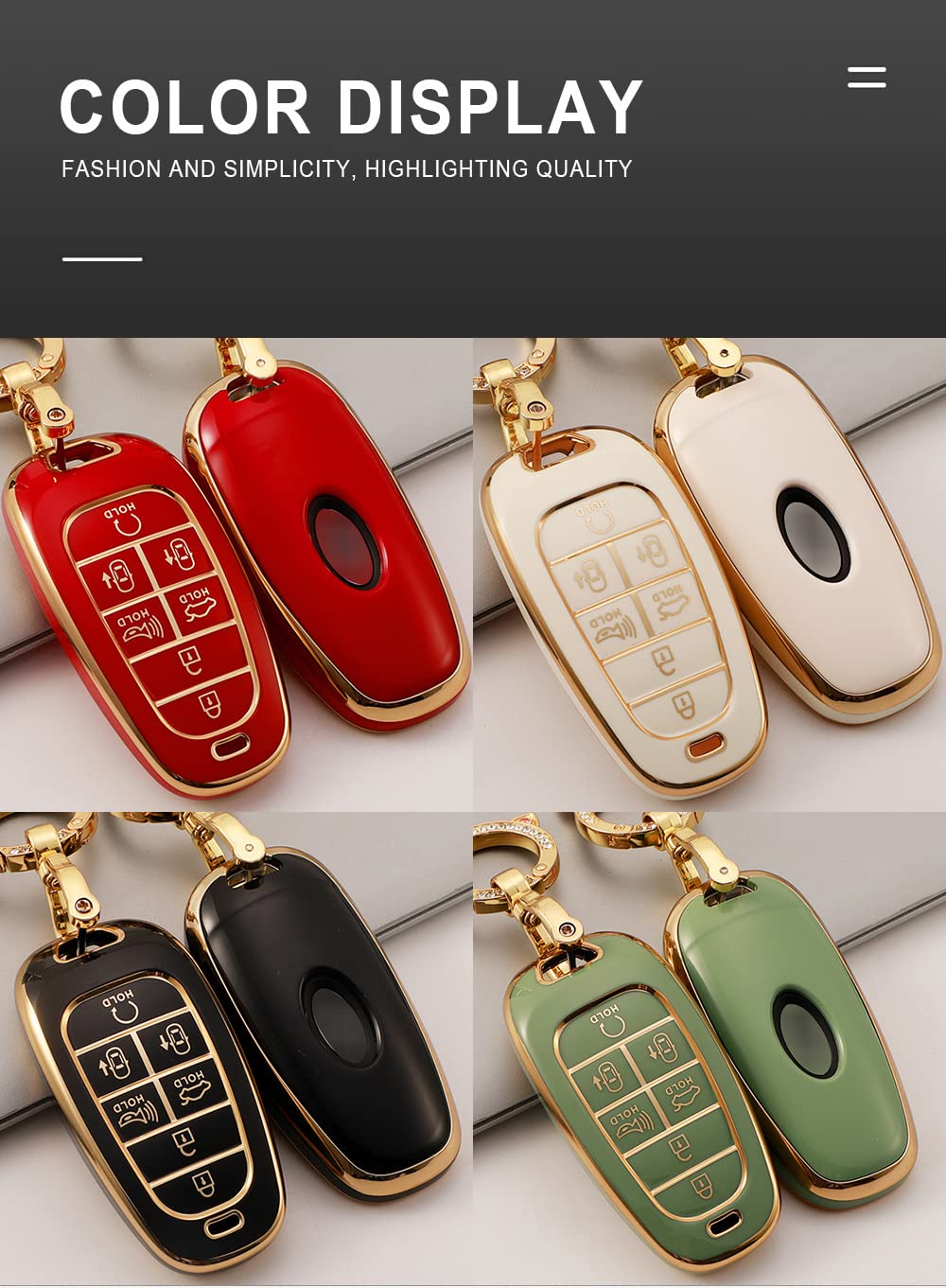 HIBEYO Key Fob Cover for Hyundai Sonata 2020 2021 2022 Santa Fe Smart Remote Auto Key Shell Soft TPU Car Accessories for Hyundai 7 Buttons Key with Bling Keychains-Black
