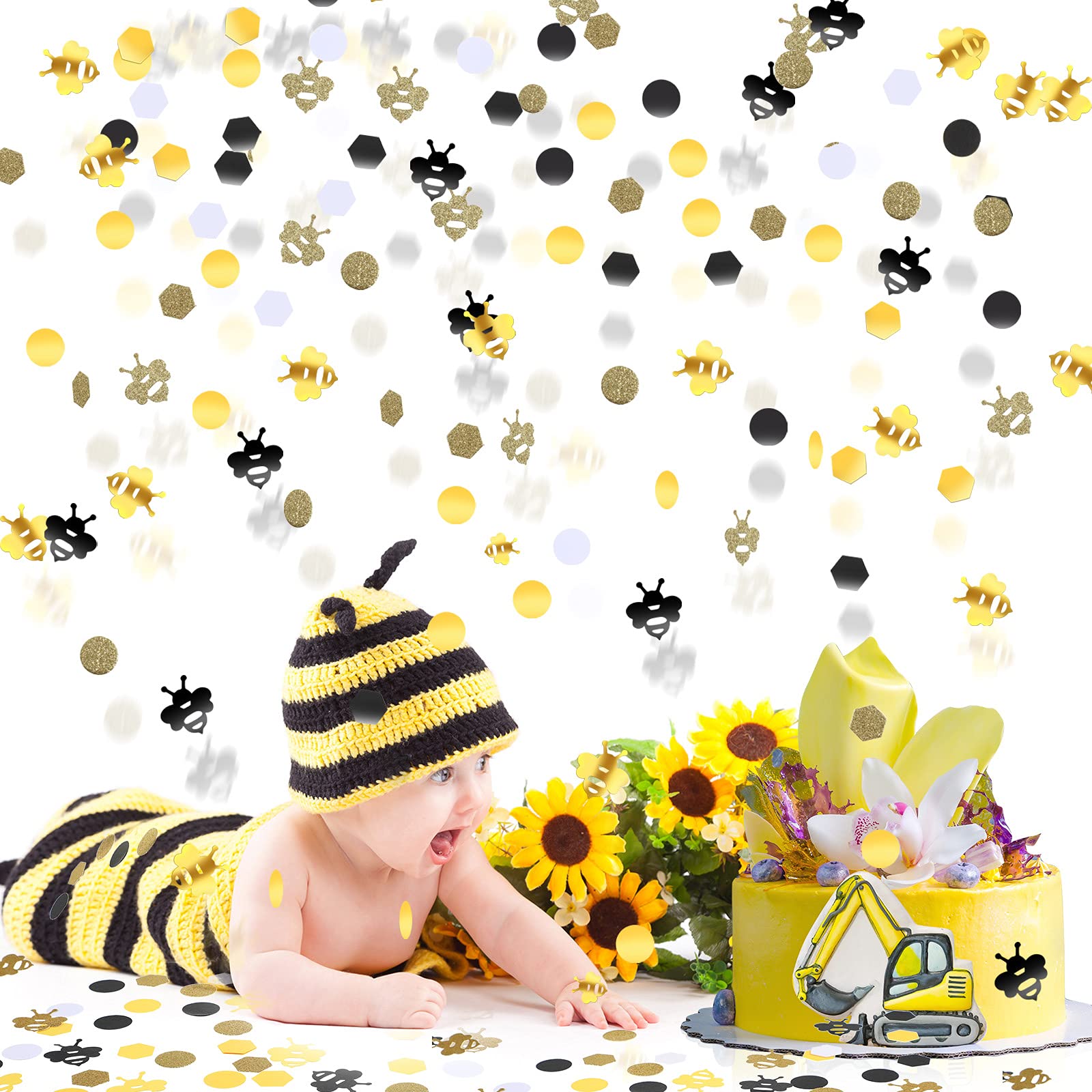 410 Pieces Bee Confetti Gold Glitter Bee Confetti Yellow Black Bee Confetti Circle Confetti Honeycomb Hexagon Confetti for Bee Themed Party Baby Shower Birthday Table Decoration