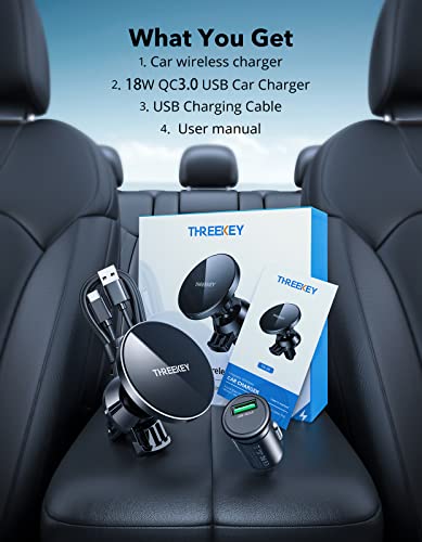 Compatible with Magsafe Car Mount Charger,THREEKEY Magnetic Wireless Car Charger Mount Vent Hook Phone Holder for iPhone 14/13/12 Series Phone & MagSafe Case(with QC3.0 Adapter)