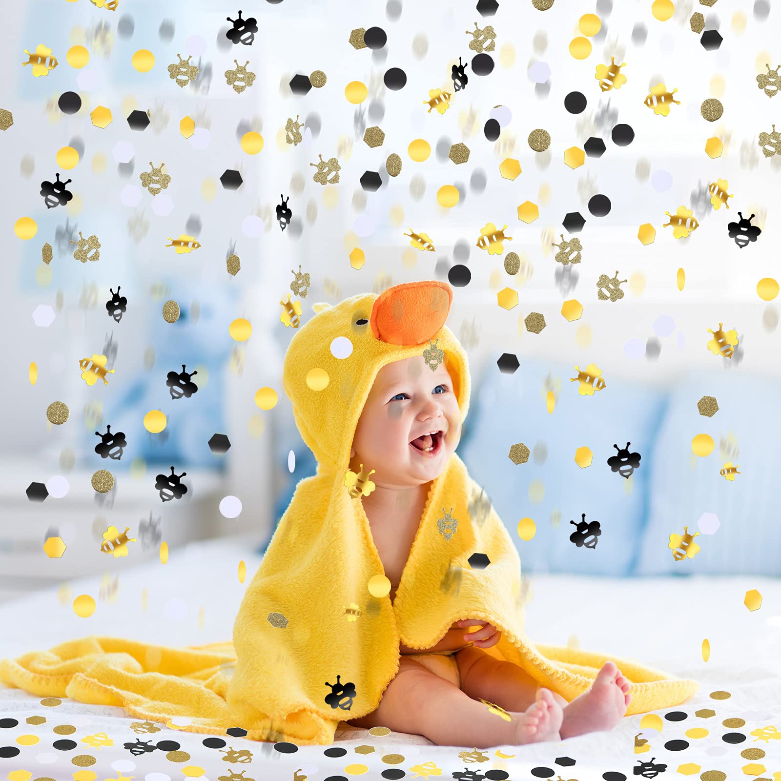 410 Pieces Bee Confetti Gold Glitter Bee Confetti Yellow Black Bee Confetti Circle Confetti Honeycomb Hexagon Confetti for Bee Themed Party Baby Shower Birthday Table Decoration