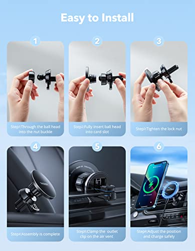 Compatible with Magsafe Car Mount Charger,THREEKEY Magnetic Wireless Car Charger Mount Vent Hook Phone Holder for iPhone 14/13/12 Series Phone & MagSafe Case(with QC3.0 Adapter)