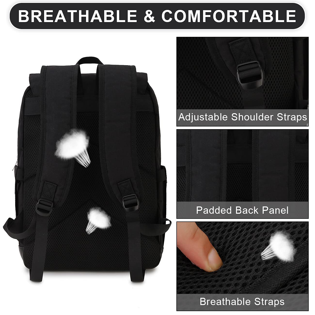 RAVUO Backpack for Women Men, Water Resistant School Backpack College Bookbag Casual Daypack Travel Rucksack Black