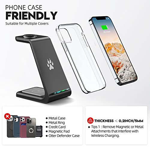 CUCICU Wireless Charger, 3 in 1 Wireless Charging Station Compatible with iPhone 14/13 Pro/13/12/11/Pro/SE/XS/XR/8 Plus,Fast Wireless Charging Stand Dock for Apple Watch, Airpods 3/2/Pro(w/Adapter)