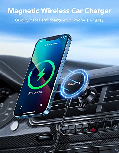 Compatible with Magsafe Car Mount Charger,THREEKEY Magnetic Wireless Car Charger Mount Vent Hook Phone Holder for iPhone 14/13/12 Series Phone & MagSafe Case(with QC3.0 Adapter)