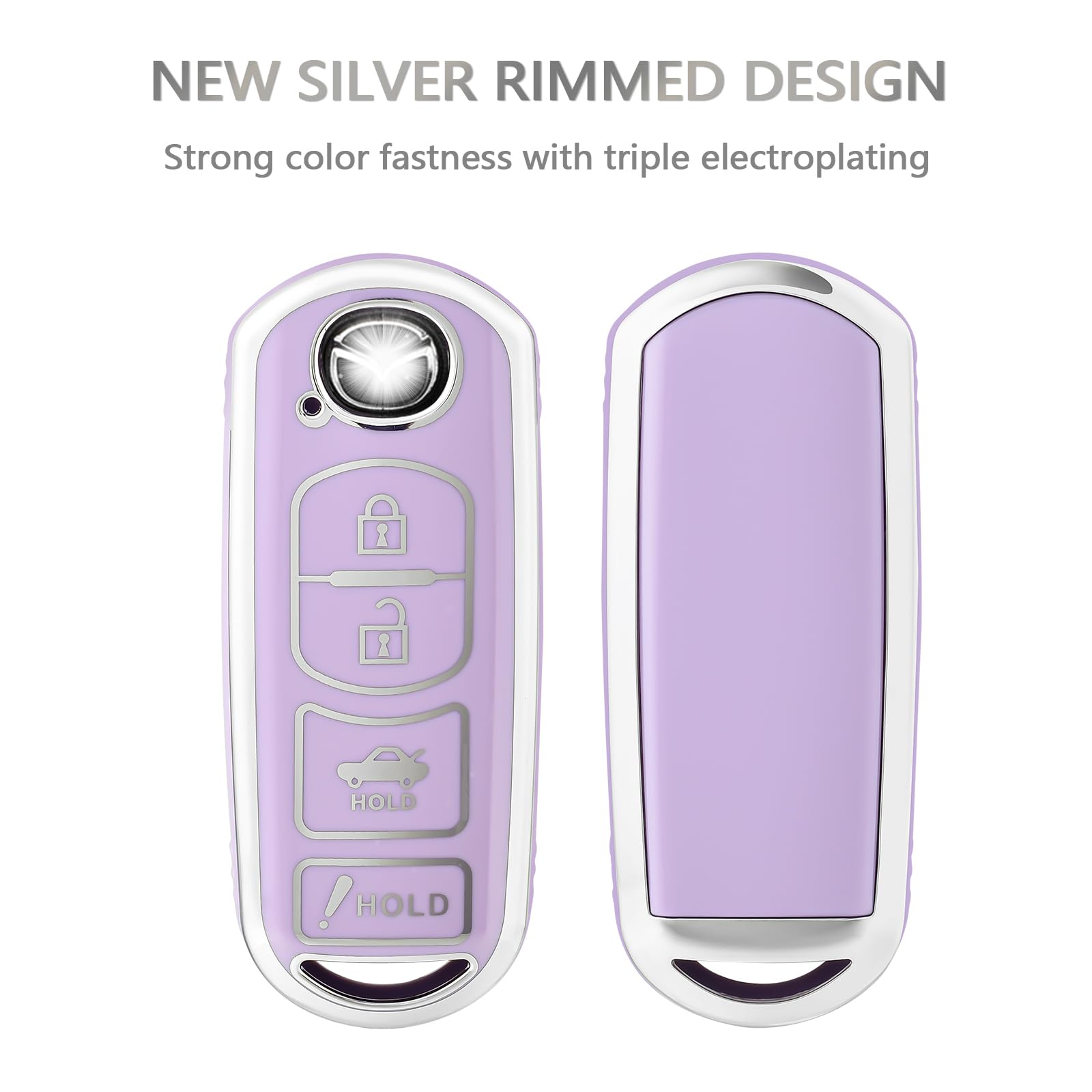 OFFCURVE Key Fob Cover with Keychain for Mazda, Car Key Fob Case Protector Mazda 2 3 5 6 8 CX3 CX4 CX5 CX7 CX9 Atenza Axela MX5 Speed3 Miata Car Accessories Smart Keyless Car Key Holder, Silver Purple