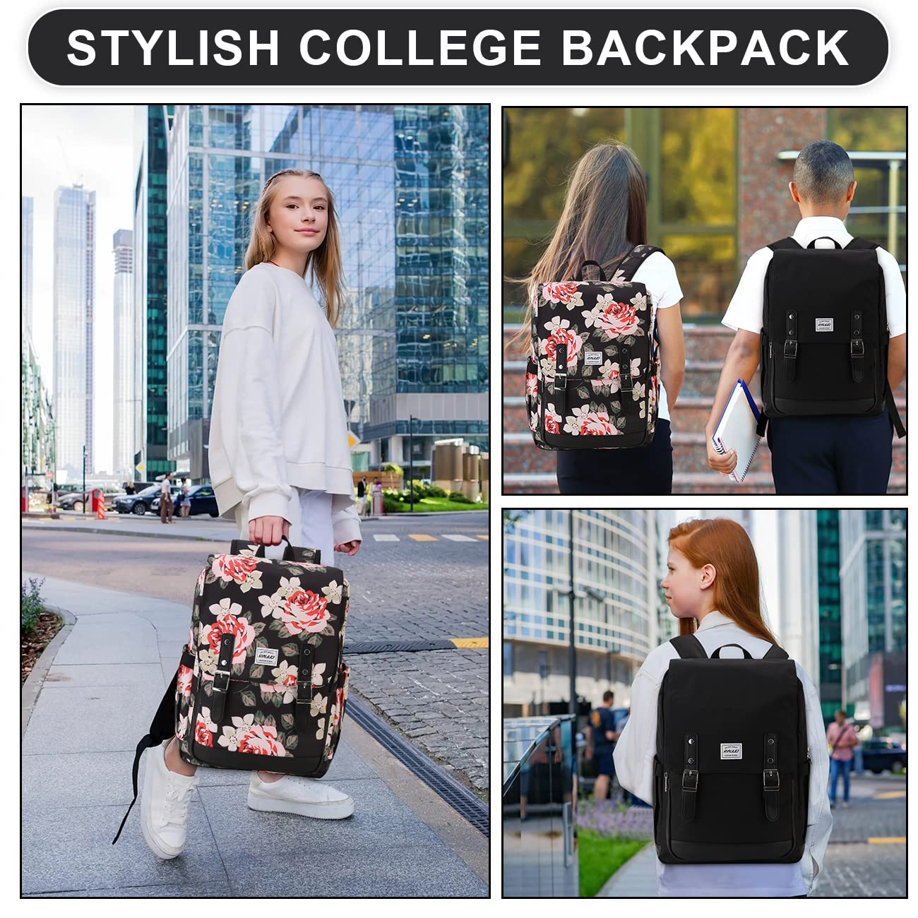 RAVUO Backpack for Women Men, Water Resistant School Backpack College Bookbag Casual Daypack Travel Rucksack Black