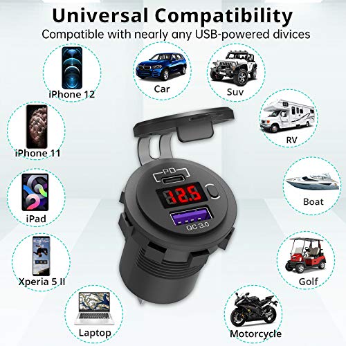 12V USB C Car Charger Socket, Ouffun Dual PD & QC 3.0 Ports 12V USB Car Outlet Adapter with Button Switch, lPhone Fast Charger with 23.7 Inches Wire for Car Boat Marine Bus Golf Cart RV Motorcycle