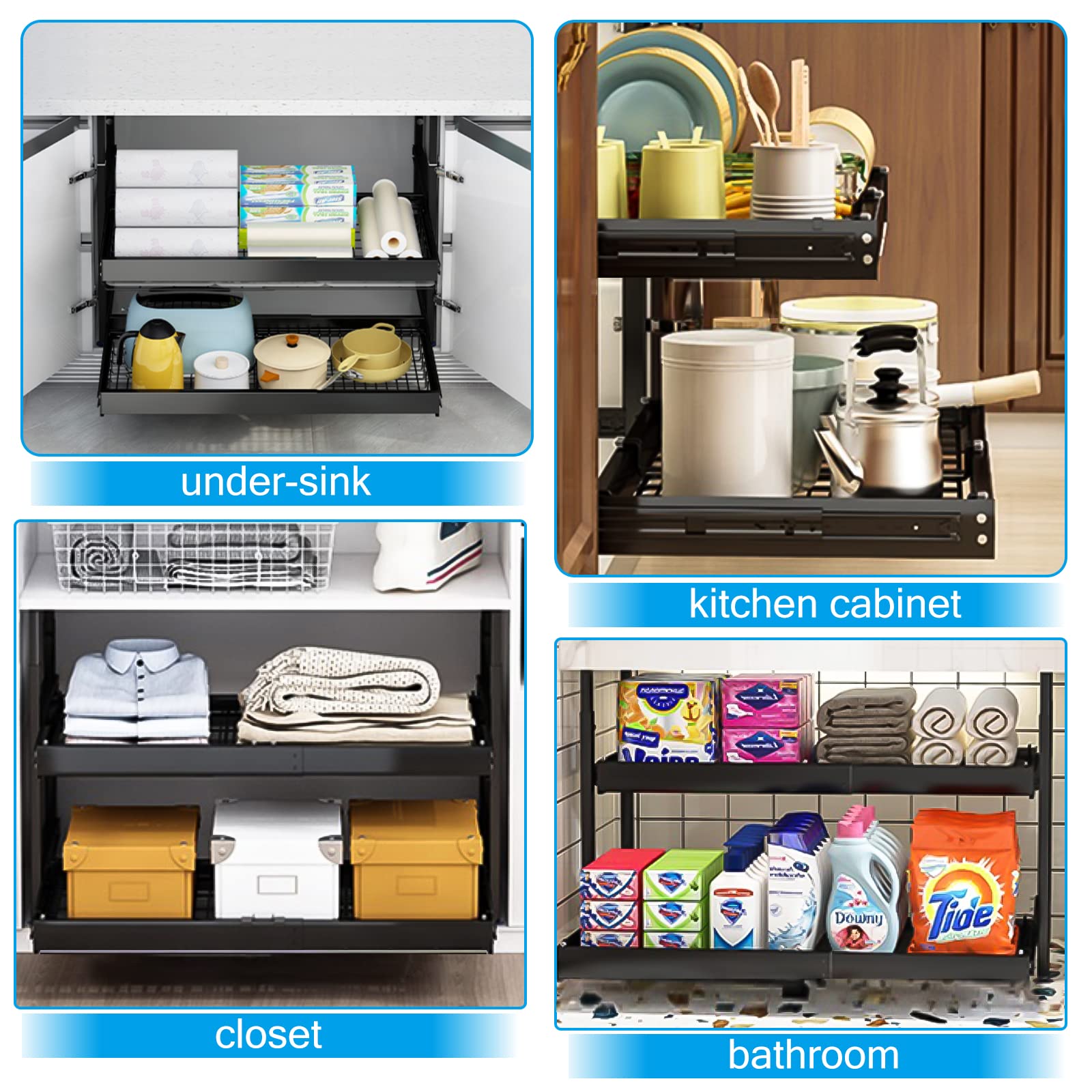 Expandable Pull Out Cabinet Drawer Organizer, Slide Out Pantry Shelves Sliding Drawer Storage for Home Cabinet Shelf, Under Cabinet Storage, Adjustable Cabinet Shelf Organizers-17"D x 36.6"W x 18.5"H