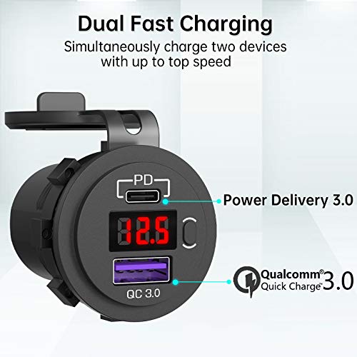 12V USB C Car Charger Socket, Ouffun Dual PD & QC 3.0 Ports 12V USB Car Outlet Adapter with Button Switch, lPhone Fast Charger with 23.7 Inches Wire for Car Boat Marine Bus Golf Cart RV Motorcycle