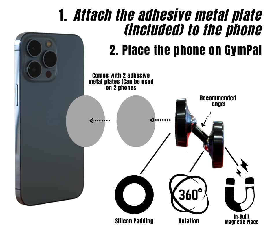 GymPal Magnetic Phone Mount Holder - Dual Magnetic Gym Phone Holder for Working Out Videos - Double Sided Strong Magnet with 360 Degree Rotation - Fits Any Smart Phone