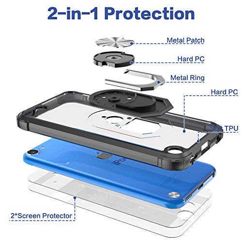 iPod Touch Case Clear with Kickstand, iPod Touch 7 Case with 2 HD Screen Protectors, IDYStar Clear Crystal Case with Built-in Metal Magnetic Kickstand for iPod Touch 7th/6th/5th Gen (Black)