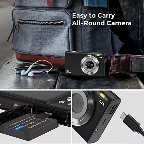 Digital Camera Auto Focus 2.7K Vlogging Camera HD 48MP 16X Digital Zoom Camera with 32G Memory Card 2 Batteries YouTube Portable Mini Compact Camera for Kids Teens Adult Beginner
