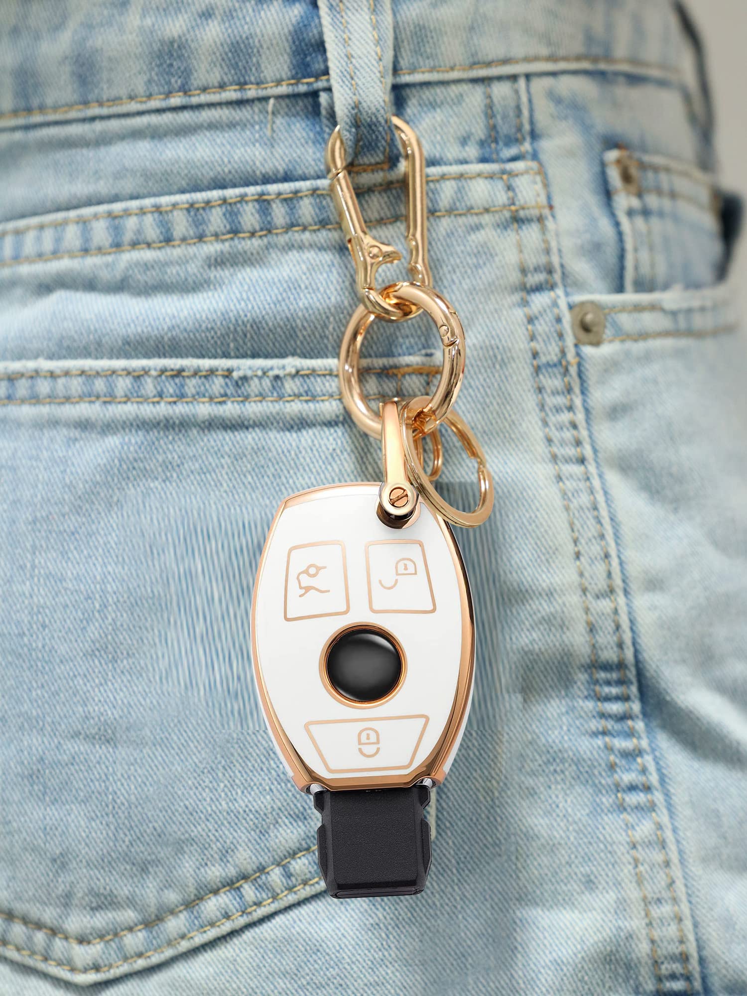 LEERLY Key Fob Cover for Mercedes Benz Accessories, Key Case with Key Chain Compatible with C E S M CLS CLK G Class Smart Key 3 Buttons white