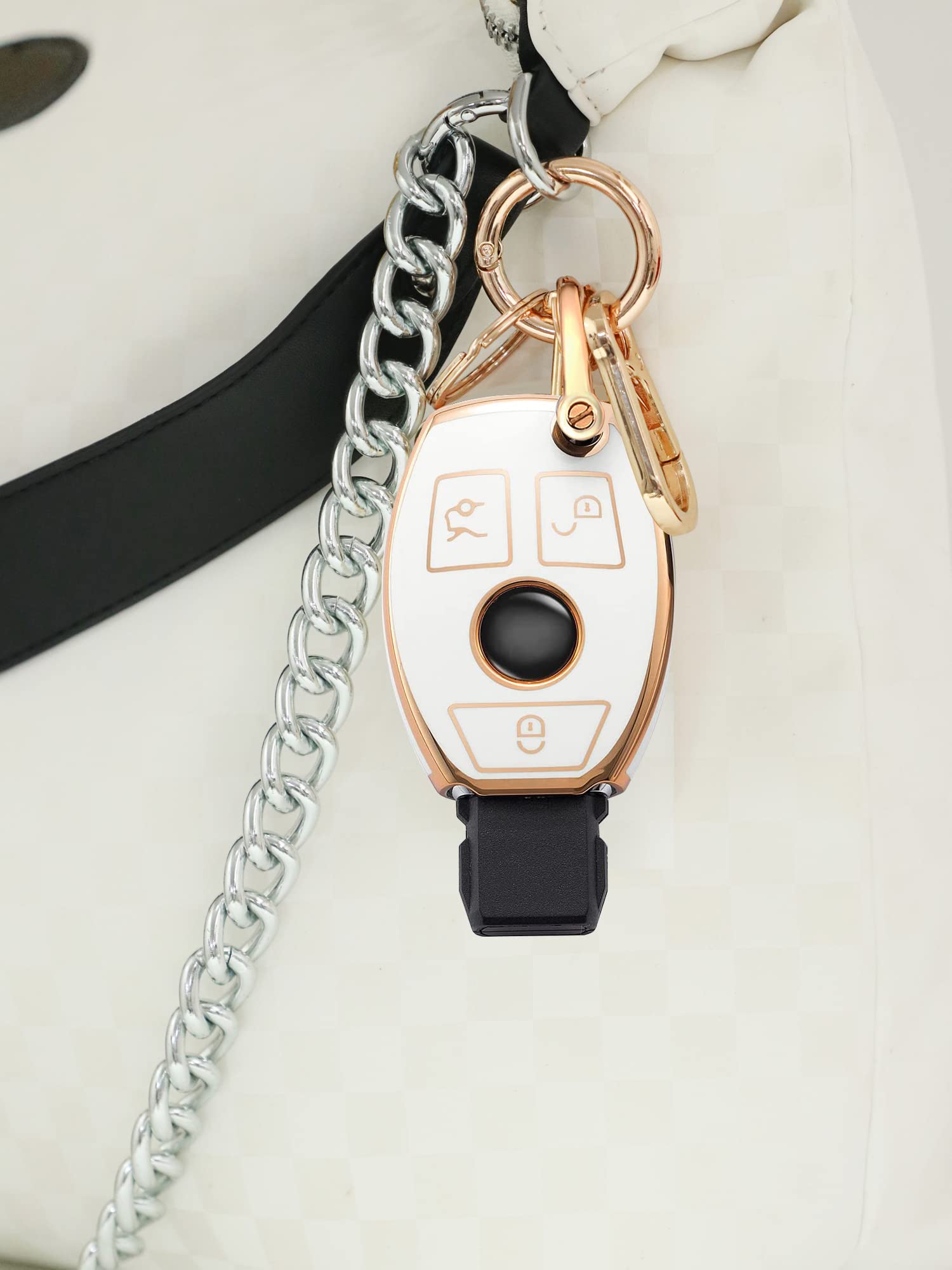 LEERLY Key Fob Cover for Mercedes Benz Accessories, Key Case with Key Chain Compatible with C E S M CLS CLK G Class Smart Key 3 Buttons white