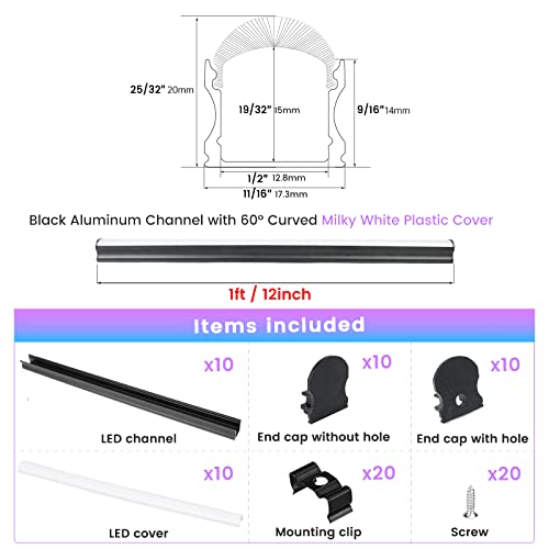 Muzata 10Pack 1FT/12inch Excellent Spotless LED Channel System with Milky White Cover Black Aluminum U Shape LED Strip Diffuser Channel U108 BW 0.3M