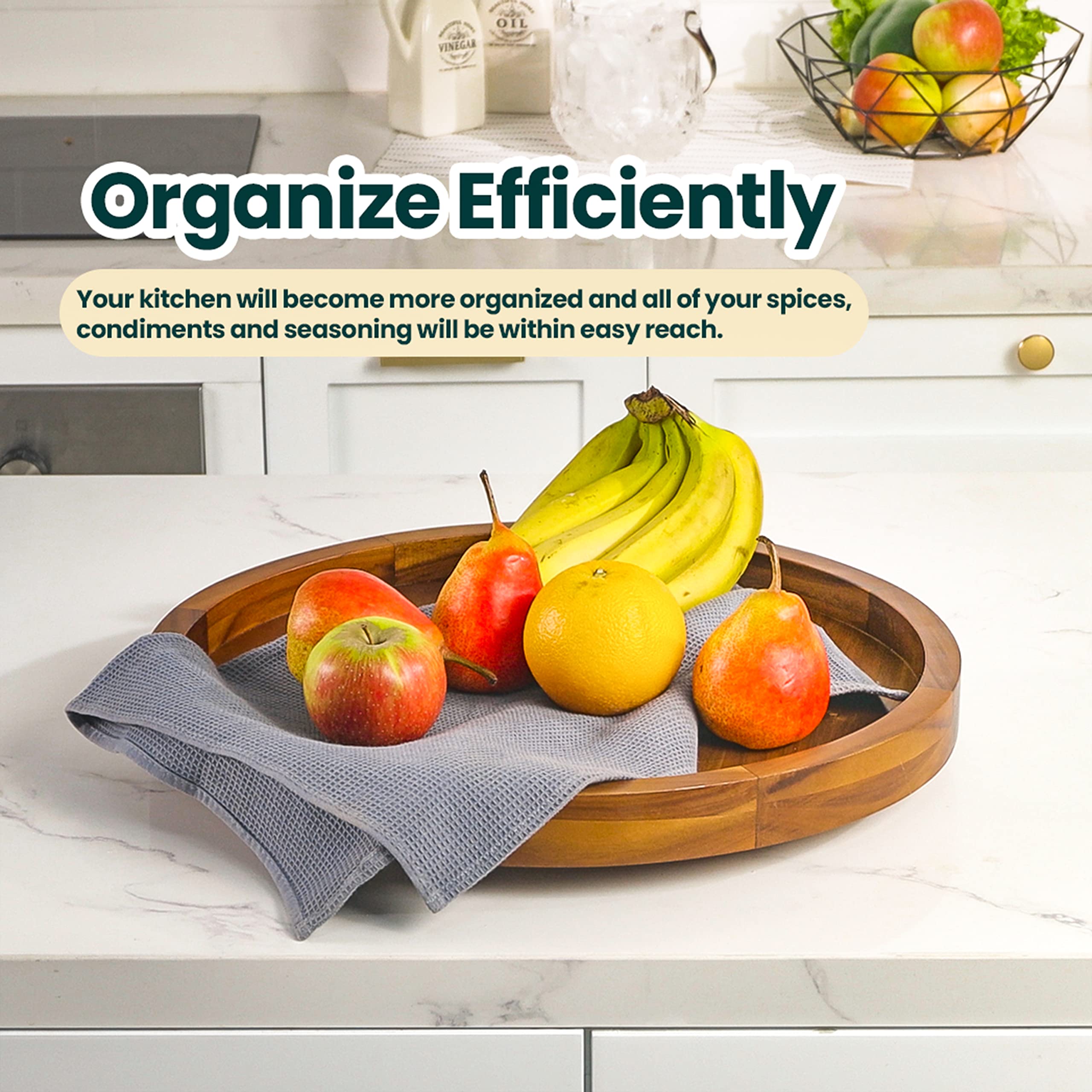 RABAHA 16" Acacia Lazy Susan Organizer for Table - Wooden Lazy Susan Turntable for Cabinet - Kitchen Turntable Storage Food Bins Container for Pantry, Countertop (Acacia Wood)