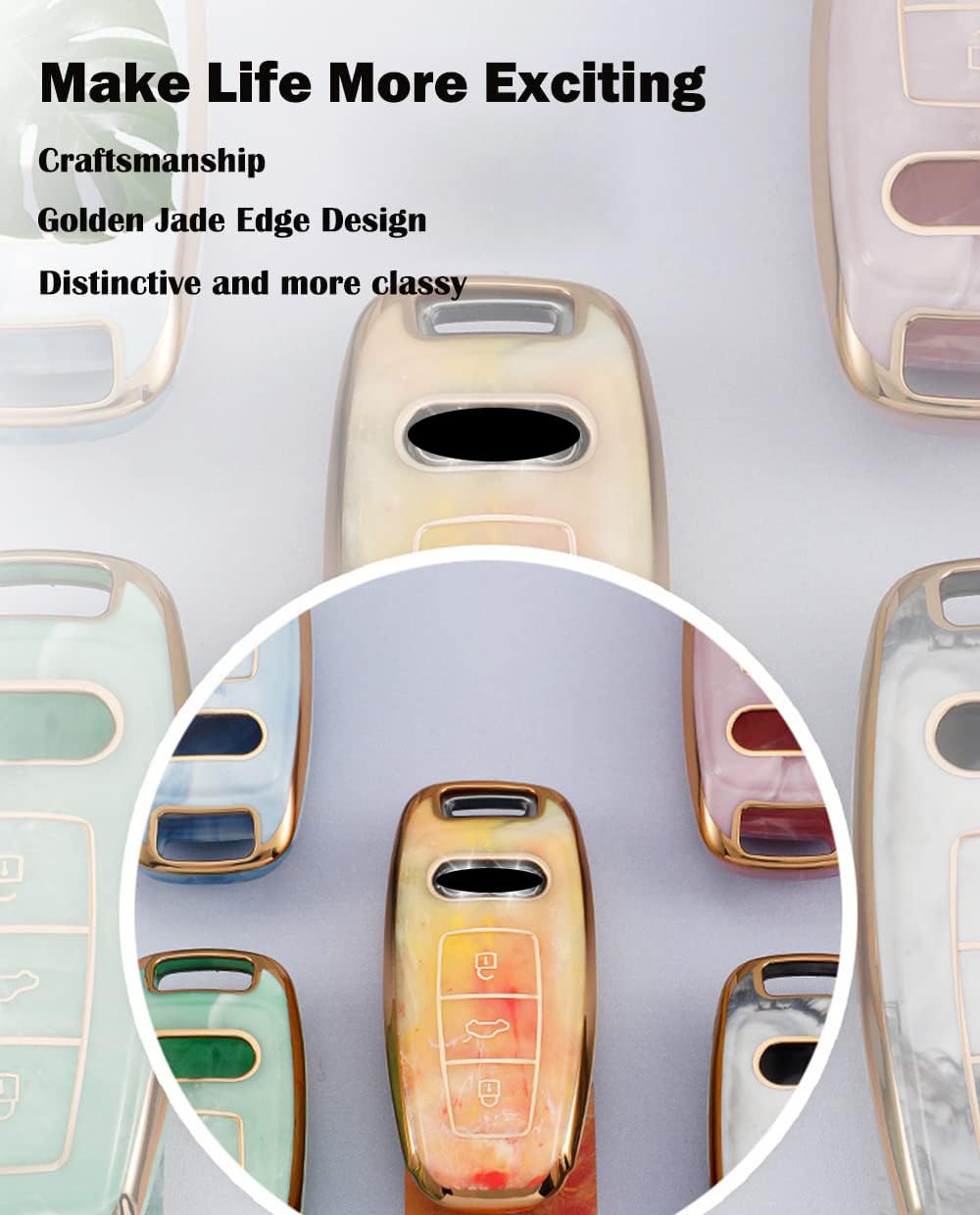 SANRILY Golden-edge Jade Pattern Key Fob Cover for Audi Q7 2021 2020 Q8 A8 A6 A7 Etron,RS3 A3 Sportback 2022 Accessories With Leather Keychain Keyless Smart Key Case Shell Pink