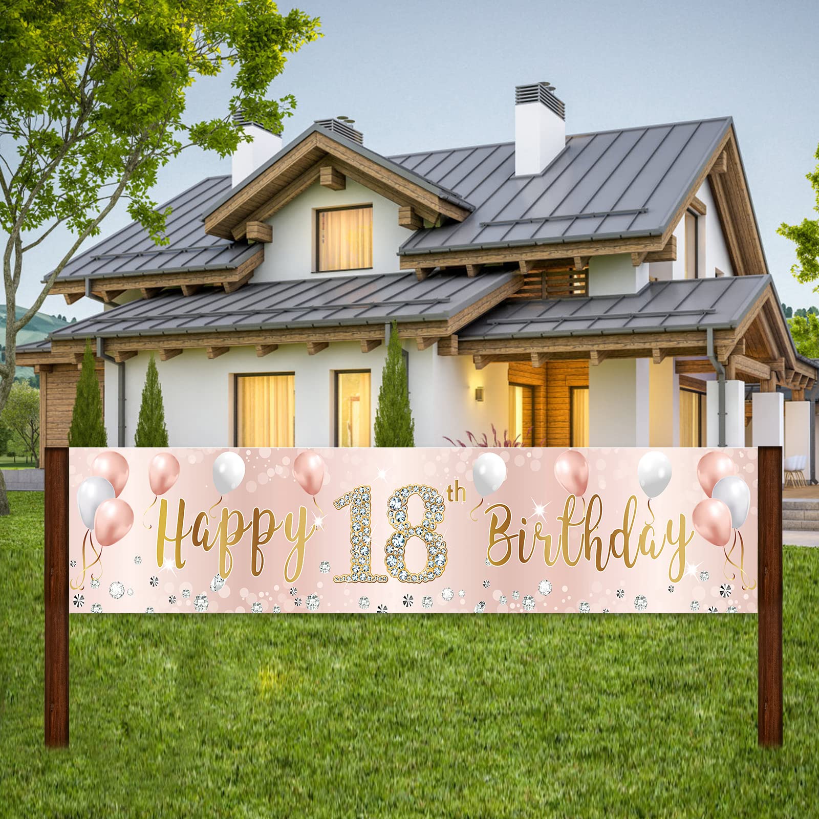Kauayurk Pink Rose Gold 18th Birthday Banner Decorations for Girls, Happy 18 Year Old Birthday Sign Party Supplies Décor, Eighteen Birthday Decor for Outdoor Indoor