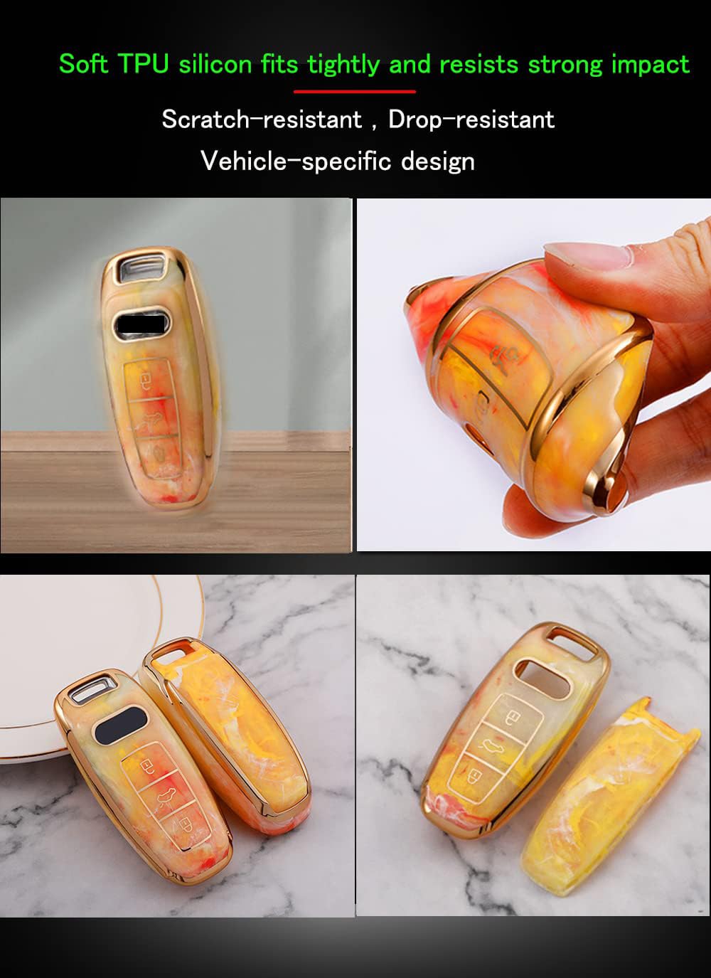 SANRILY Golden-edge Jade Pattern Key Fob Cover for Audi Q7 2021 2020 Q8 A8 A6 A7 Etron,RS3 A3 Sportback 2022 Accessories With Leather Keychain Keyless Smart Key Case Shell Pink