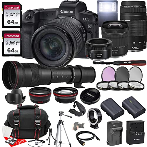 Canon EOS R Mirrorless Camera w/RF 24-105mm f/4-7.1 is STM + EF 75-300mm f/4-5.6 III + EF 50mm f/1.8 STM + 420-800mm f/8.3 HD Lenses + 2X 64GB Memory, Hood, Case, Filters, Tripod, More (35pc Bundle)
