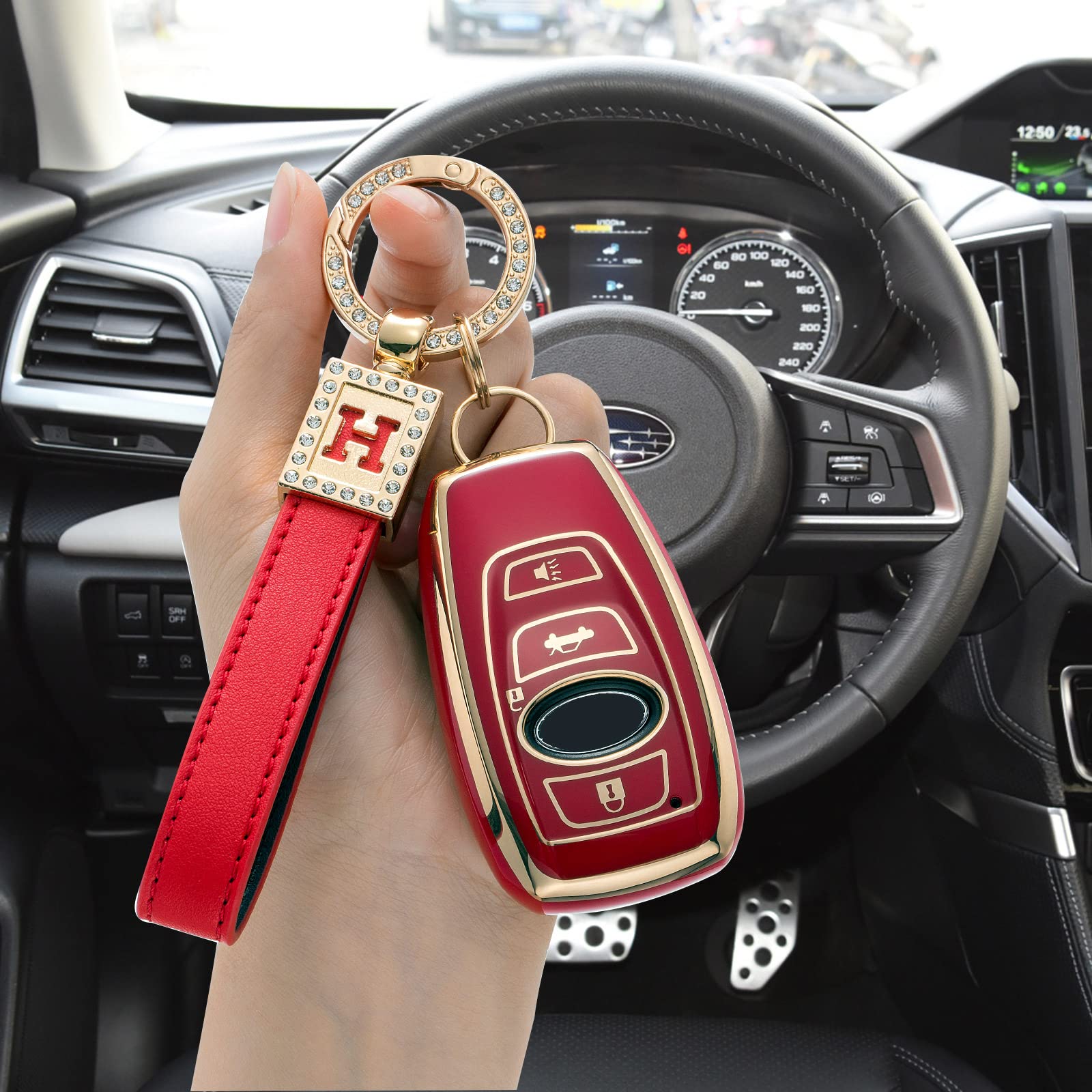 Compatible with Subaru Key Fob Cover with Diamond Leather Keychain Soft TPU 360 Degree Protection Key Case for Forester CrossTrek Outback WRX Ascent BRZ Impreza Legacy Smart Key Red
