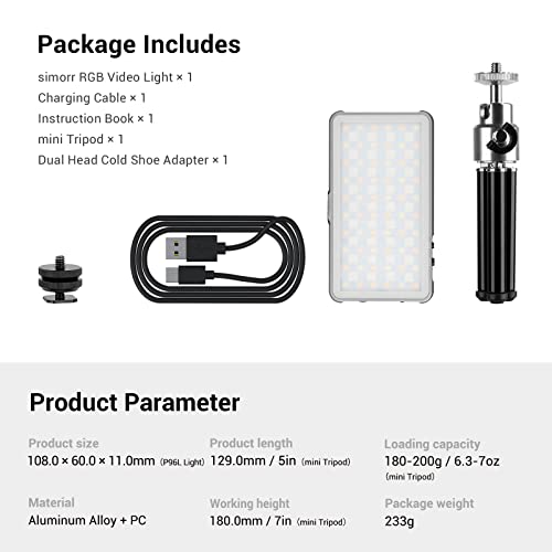 simorr P96L RGB Video Light Portable LED Camera Light Panel with Mini Tripod/Cold Shoe Adapter, Photography Lighting for Vlogging/Videography/Live Streaming 2500K-8000K -3861