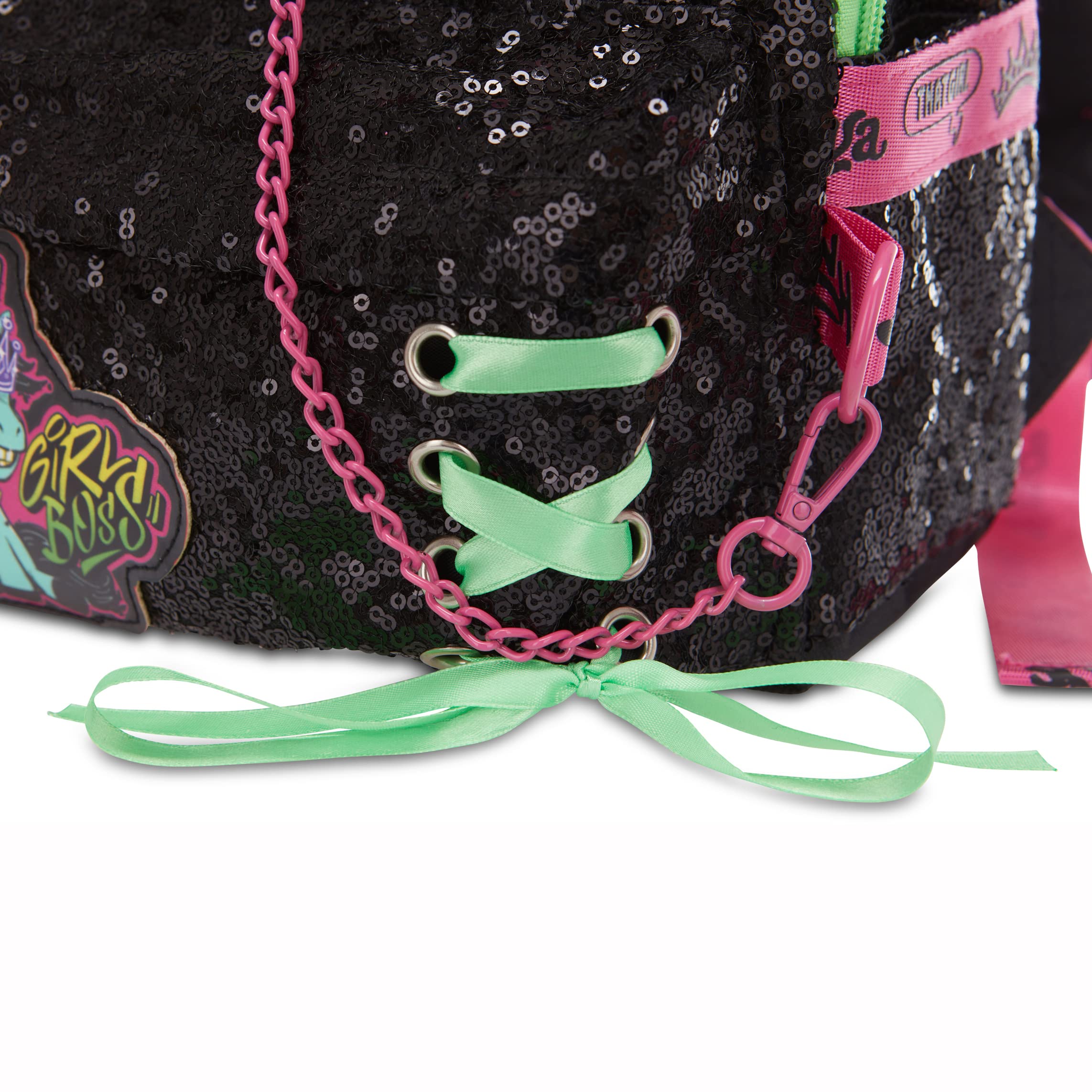That Girl LayLay Mini Backpack PURSE for Girls, 10 inch, Sequin Material with Lace Up Grommet Details & Appliqued Patches, Adjustable Shoulder Straps, Light Weight Travel bag for kids