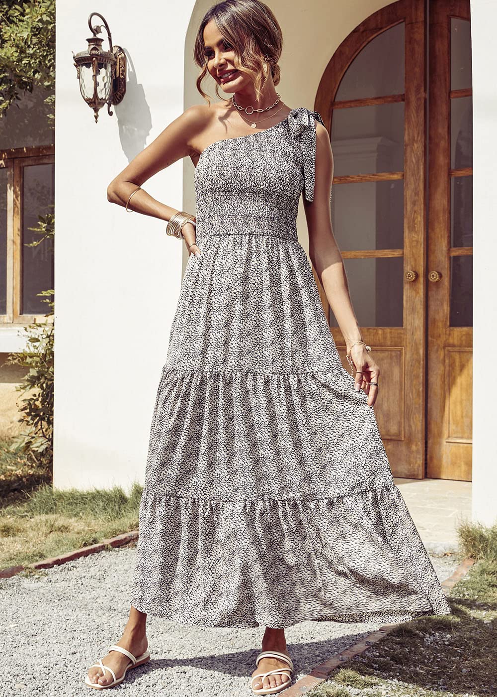 PRETTYGARDEN Women's Summer Floral Maxi Dress Knot One Shoulder Sleeveless Ruffle Flowy Boho Beach Wedding Guest Dresses(Black White Floral,Medium)