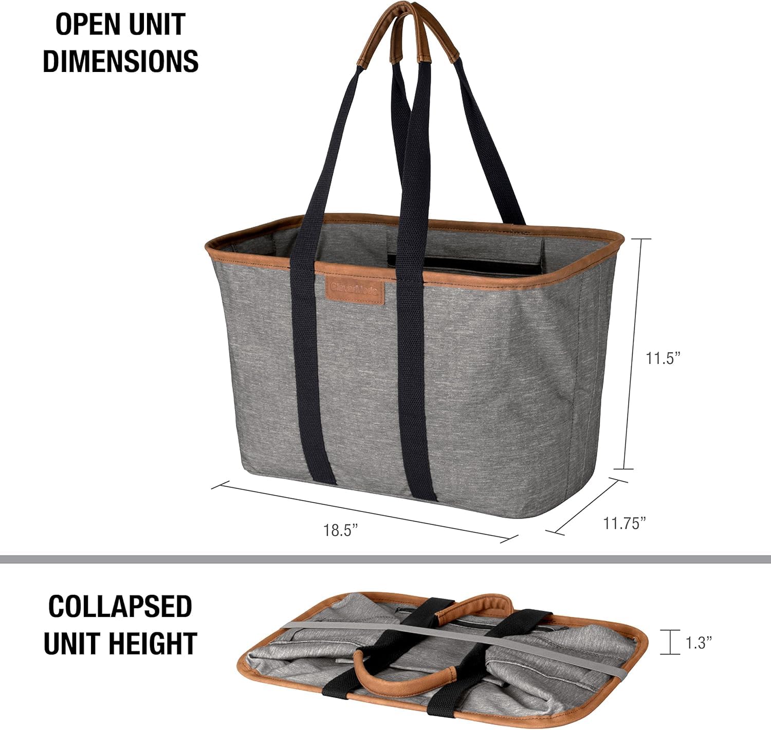 CleverMade 30L SnapBasket LUXE - Reusable Collapsible Durable Grocery Shopping Bag - Heavy Duty Large Structured Tote, Heather Grey