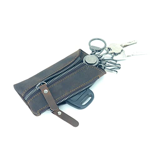 JJNUSA Genuine Leather Key Chain Zipper Coin Case, Leather Car Smart Key Chain Metal Hook and Keyring Zipper Coin Wallet (Darkbrown)