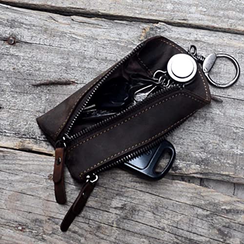 JJNUSA Genuine Leather Key Chain Zipper Coin Case, Leather Car Smart Key Chain Metal Hook and Keyring Zipper Coin Wallet (Darkbrown)