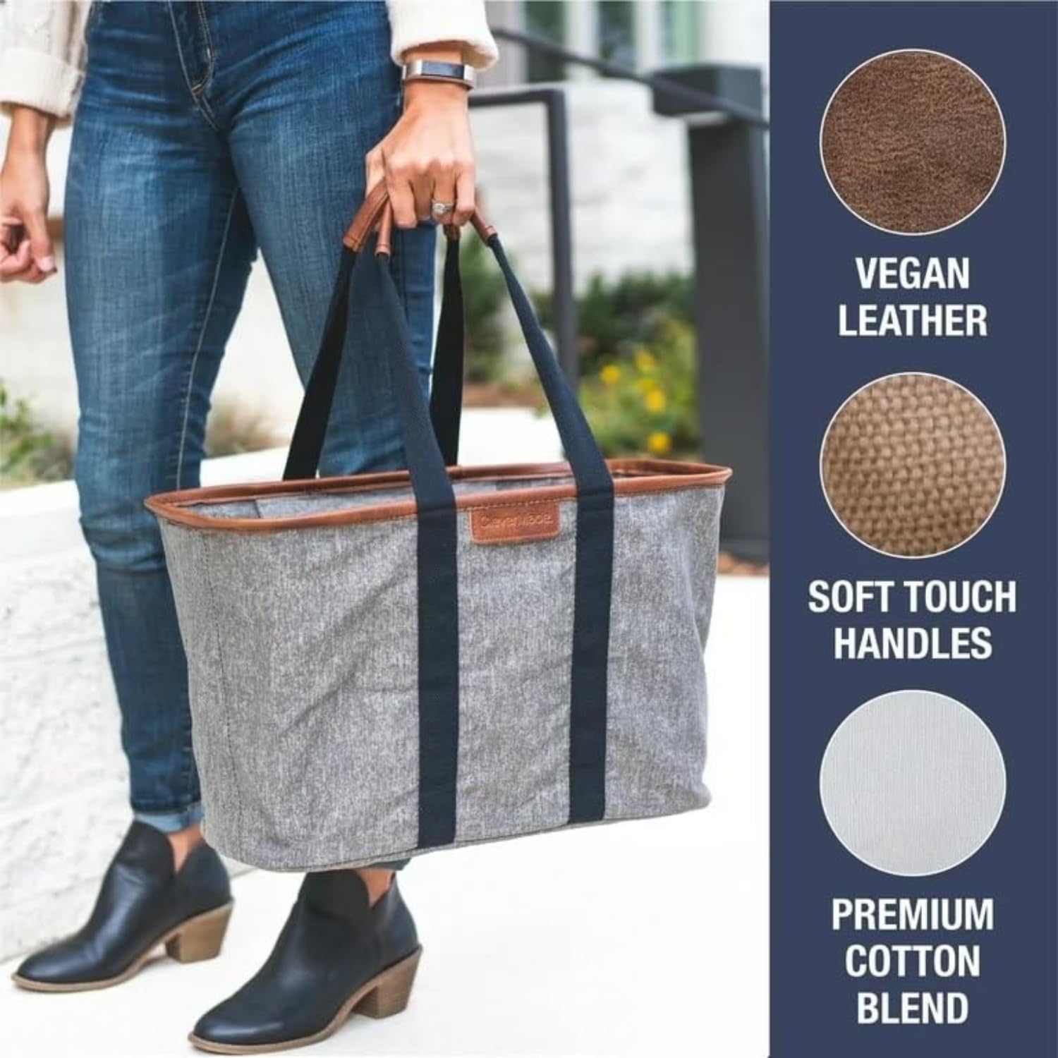 CleverMade 30L SnapBasket LUXE - Reusable Collapsible Durable Grocery Shopping Bag - Heavy Duty Large Structured Tote, Heather Grey