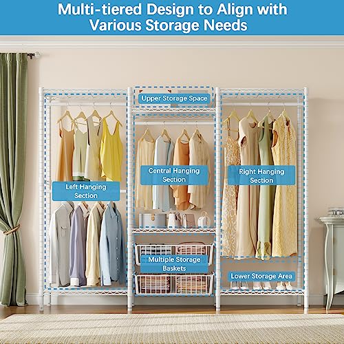 VIPEK V10i Garment Rack Heavy Duty Clothes Rack, Freestanding Closet Rack for Hanging Clothes Large Wardrobe Metal Clothing Rack with 2 Slid Storage Baskets, 68.2" L x 15.7" W x 70.5" H, White