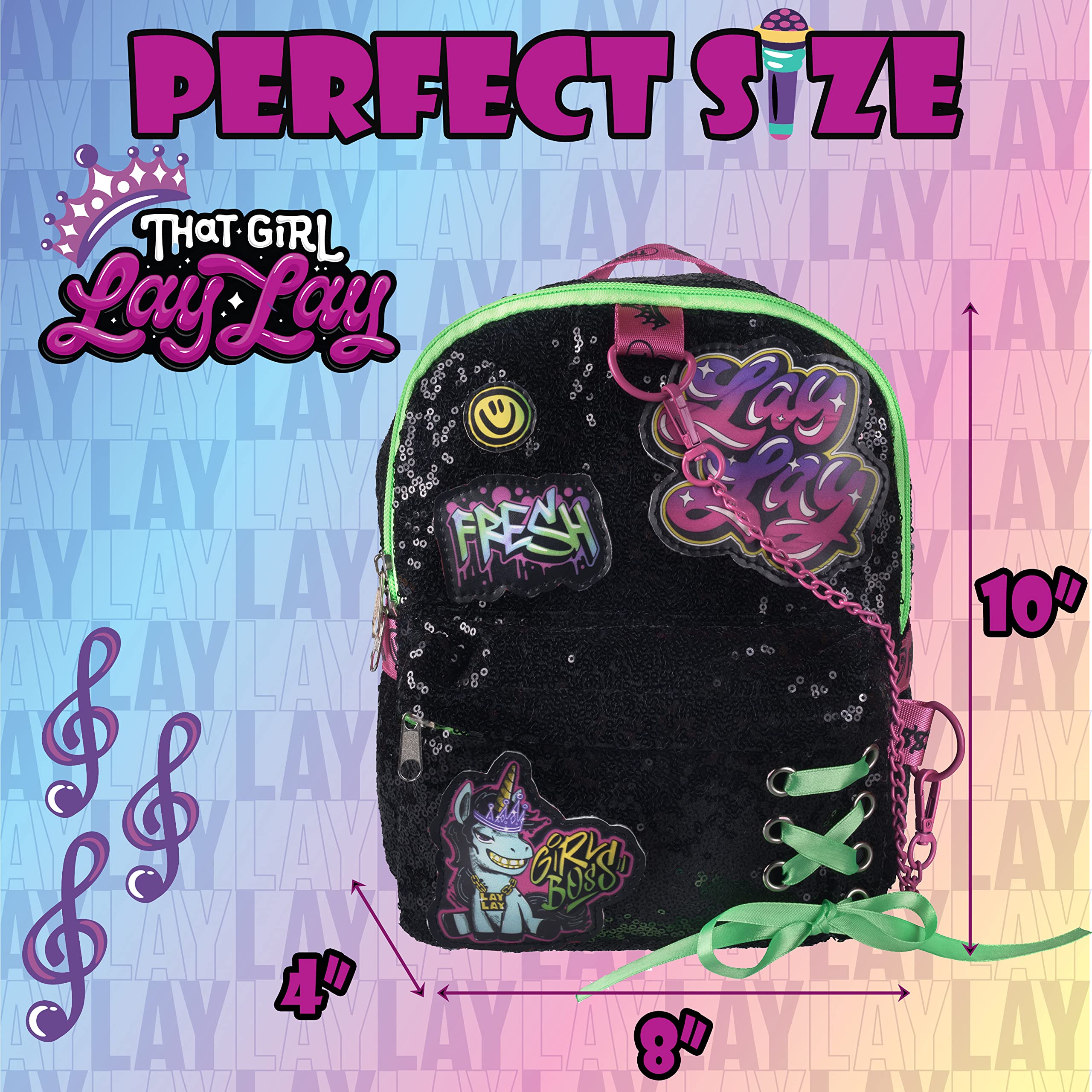 That Girl LayLay Mini Backpack PURSE for Girls, 10 inch, Sequin Material with Lace Up Grommet Details & Appliqued Patches, Adjustable Shoulder Straps, Light Weight Travel bag for kids