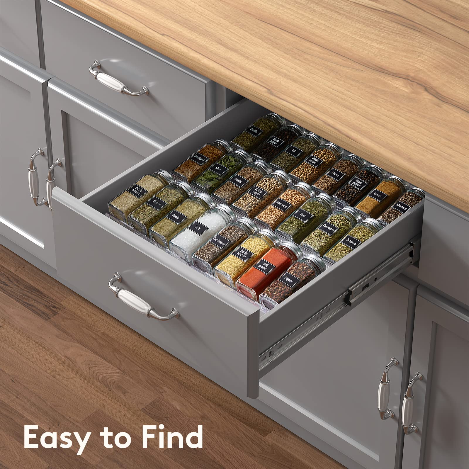 Lifewit Spice Drawer Organizer Spice Rack Seasoning Jars Storage Tray Adjustable Expandable for Kitchen, Countertop, Cabinet, Shelf, 3 Tiers, Set of 6, Clear
