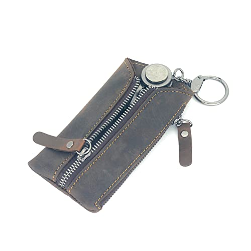 JJNUSA Genuine Leather Key Chain Zipper Coin Case, Leather Car Smart Key Chain Metal Hook and Keyring Zipper Coin Wallet (Darkbrown)