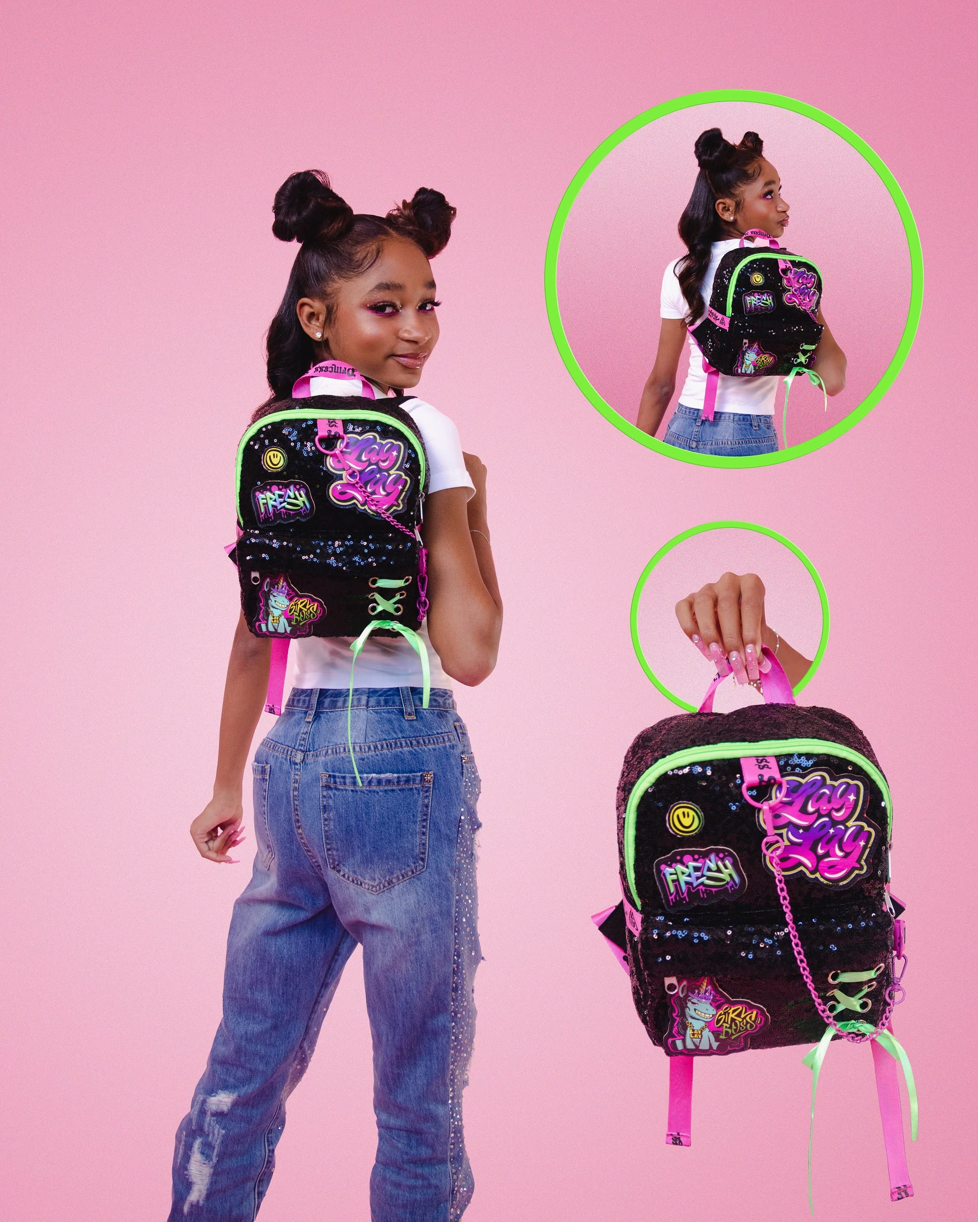 That Girl LayLay Mini Backpack PURSE for Girls, 10 inch, Sequin Material with Lace Up Grommet Details & Appliqued Patches, Adjustable Shoulder Straps, Light Weight Travel bag for kids
