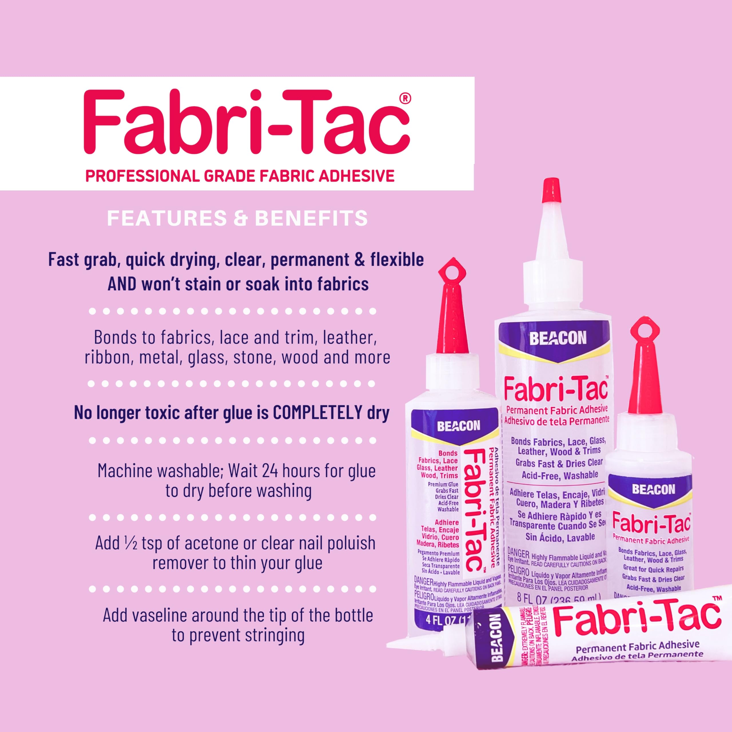 Beacon Fabri-Tac Permanent Adhesive, 8 Ounce Bottle - Premium Crafting & Fabric Glue