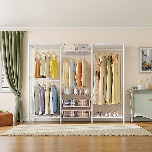 VIPEK V10i Garment Rack Heavy Duty Clothes Rack, Freestanding Closet Rack for Hanging Clothes Large Wardrobe Metal Clothing Rack with 2 Slid Storage Baskets, 68.2" L x 15.7" W x 70.5" H, White