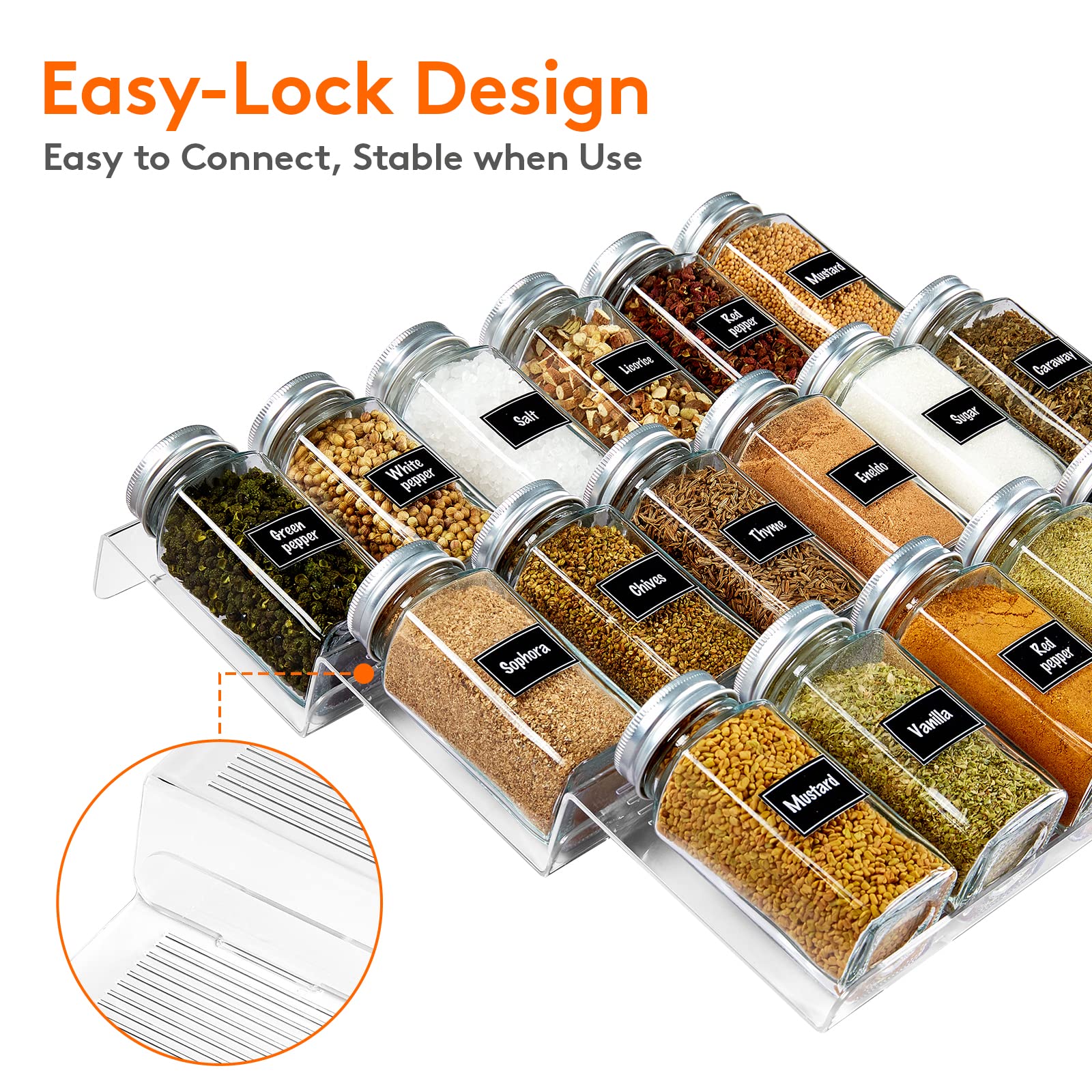 Lifewit Spice Drawer Organizer Spice Rack Seasoning Jars Storage Tray Adjustable Expandable for Kitchen, Countertop, Cabinet, Shelf, 3 Tiers, Set of 6, Clear
