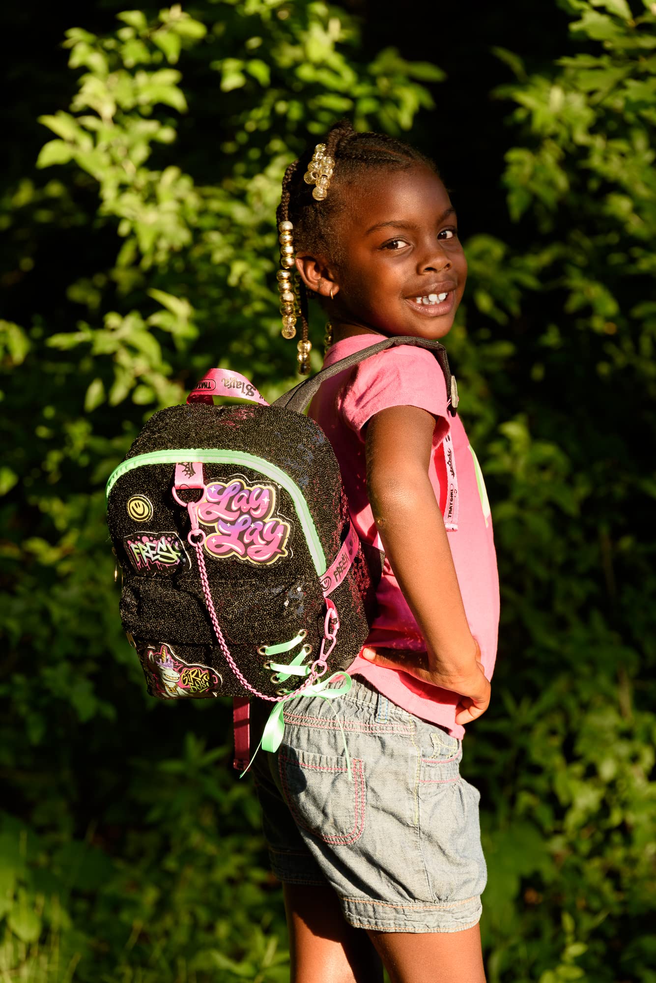 That Girl LayLay Mini Backpack PURSE for Girls, 10 inch, Sequin Material with Lace Up Grommet Details & Appliqued Patches, Adjustable Shoulder Straps, Light Weight Travel bag for kids