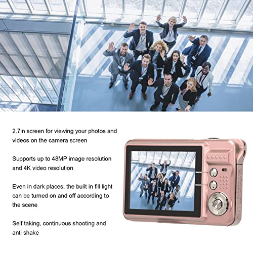 Digital Camera for Teens, 4K 48MP Ultra HD Point and Shoot Camera, 2.7in LCD Rechargeable Students Compact Camera with 8X Digital Zoom, Mini Vlogging Cameras Gift for Kids Beginner (Pink)