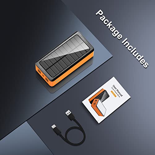 Solar Charger Power Bank, 60000mAh Portable Charger Compatible with iPhone, Cell Phone, 32 LEDs External Battery Pack for Outdoor Camping, Home Emergency, 4 Output& 2 Input Ports (Orange)