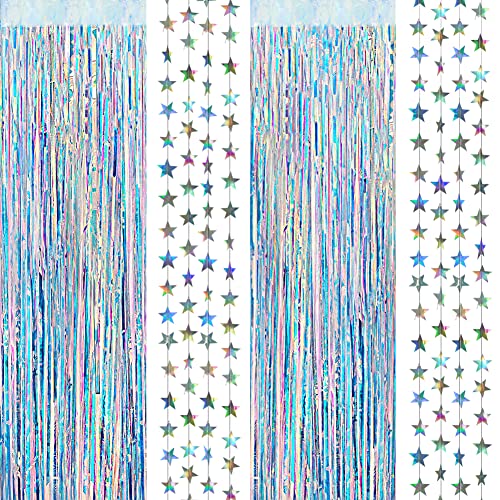 Iridescent Tinsel Foil Fringe Curtains for Birthday Party Photo Backdrop Twinkle Star Garland Holographic Backdrop for Disco Euphoria Party Decorations