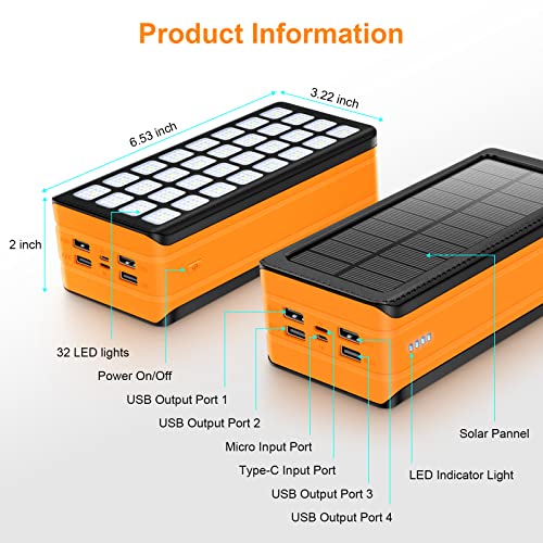 Solar Charger Power Bank, 60000mAh Portable Charger Compatible with iPhone, Cell Phone, 32 LEDs External Battery Pack for Outdoor Camping, Home Emergency, 4 Output& 2 Input Ports (Orange)