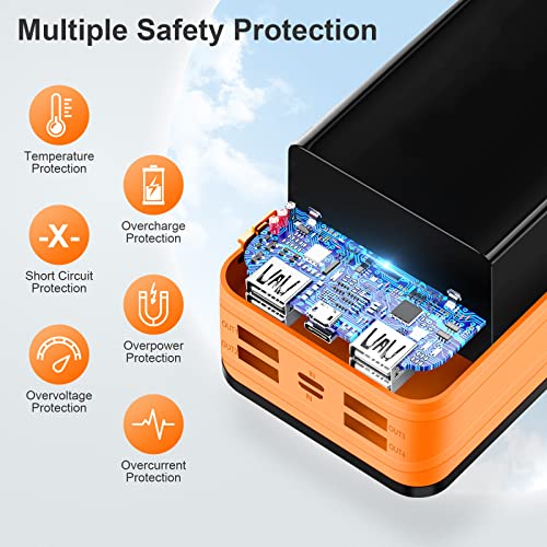 Solar Charger Power Bank, 60000mAh Portable Charger Compatible with iPhone, Cell Phone, 32 LEDs External Battery Pack for Outdoor Camping, Home Emergency, 4 Output& 2 Input Ports (Orange)