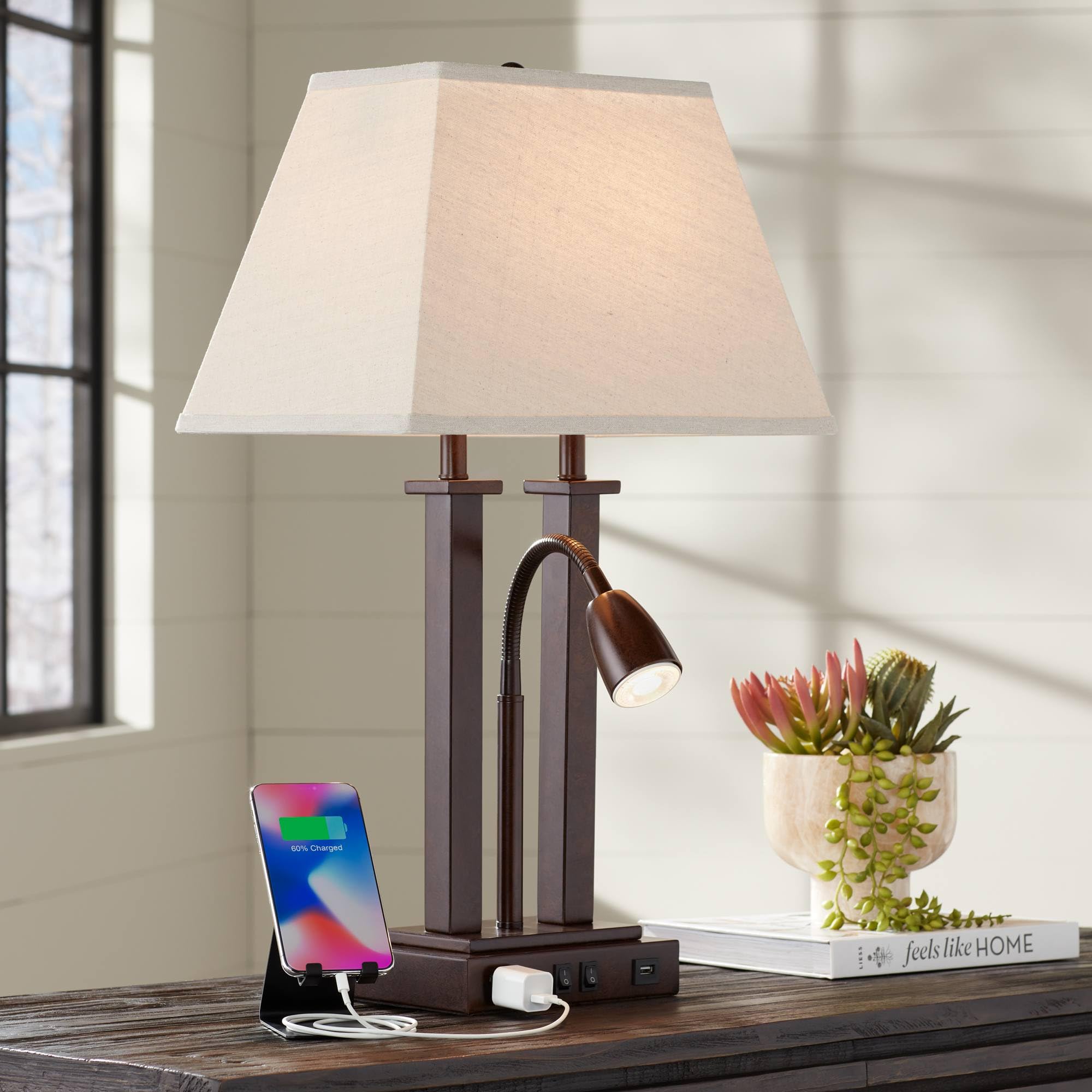 Possini Euro Design Deacon Modern Desk Table Lamp with USB and AC Power Outlet in Base Gooseneck LED 26" High Bronze Rectangular Linen Shade for Living Room Bedroom House Bedside Nightstand Home